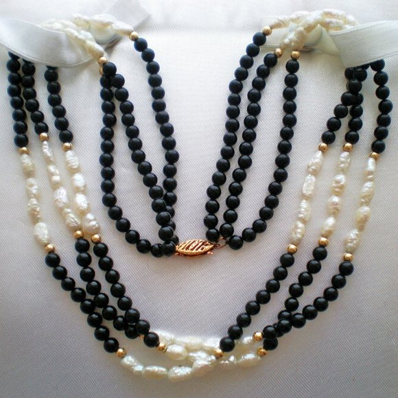 I.P.S | Jewelry | Designer 4k Gold Freshwater Pearl Black Onyx Multi ...